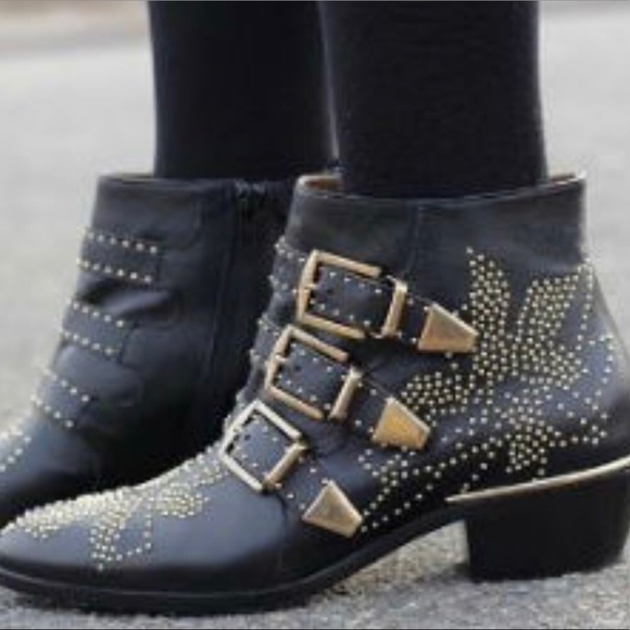 Chloe | Shoes | Chloe Suzanna Bootie Black Gold Metal Studs 9 | Poshmark